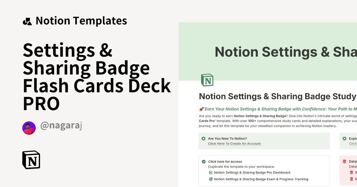 Settings & Sharing Badge Flash Cards Deck PRO Template | Notion Marketplace