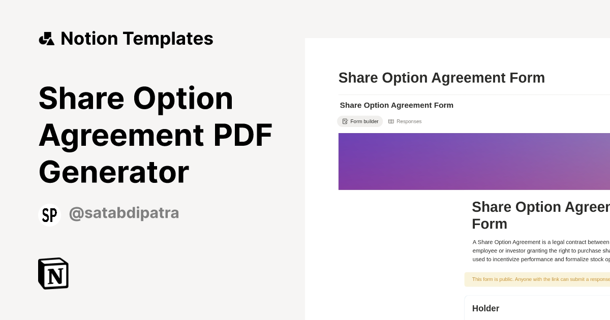 Share Option Agreement PDF Generator Template | Notion Marketplace