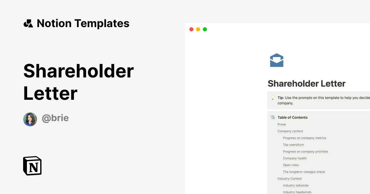Shareholder Letter Template | Notion Marketplace
