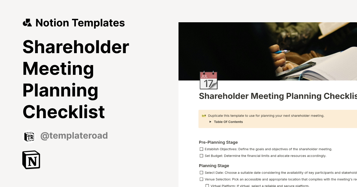 Shareholder Meeting Planning Checklist Template | Notion Marketplace