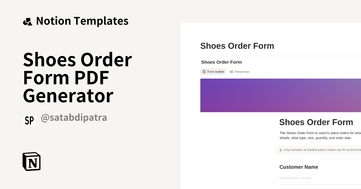 Shoes Order Form PDF Generator Template | Notion Marketplace
