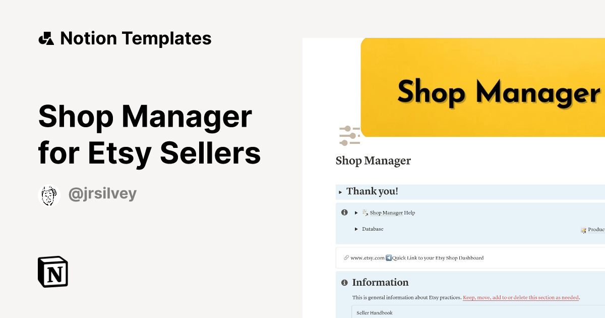 Shop Manager for Etsy Sellers Template by JR Silvey | Notion Marketplace