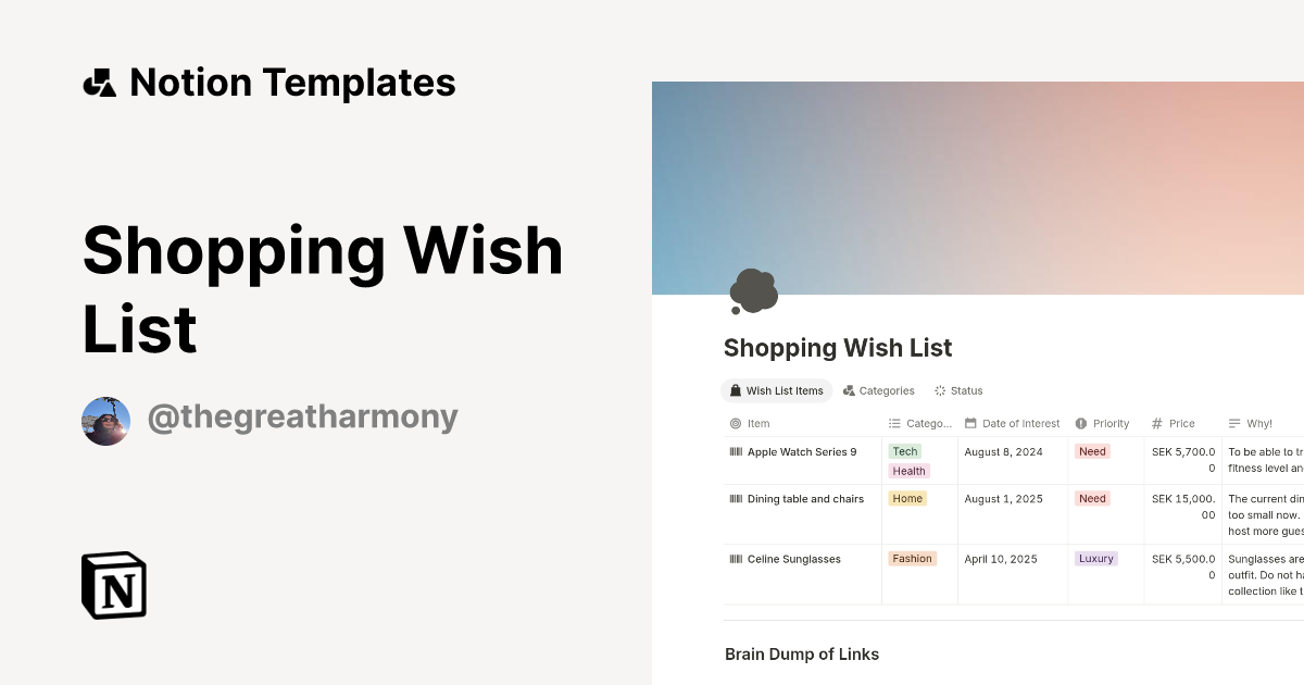 Shopping Wish List Template | Notion Marketplace