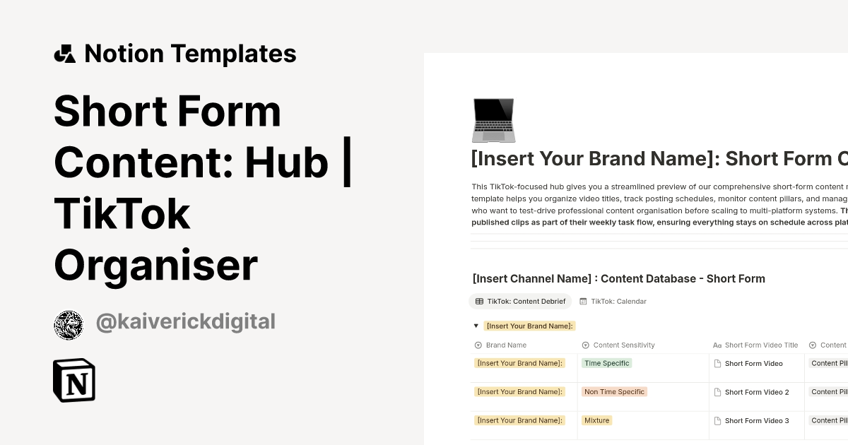 Short Form Content: Hub | TikTok Organiser Template | Notion Marketplace