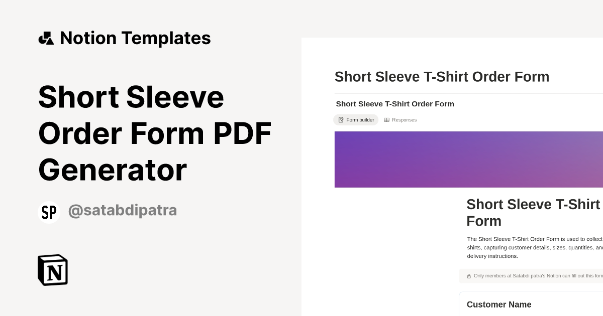 Short Sleeve Order Form PDF Generator Template | Notion Marketplace