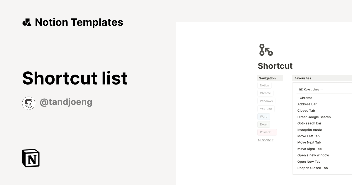 Shortcut list Template | Notion Marketplace