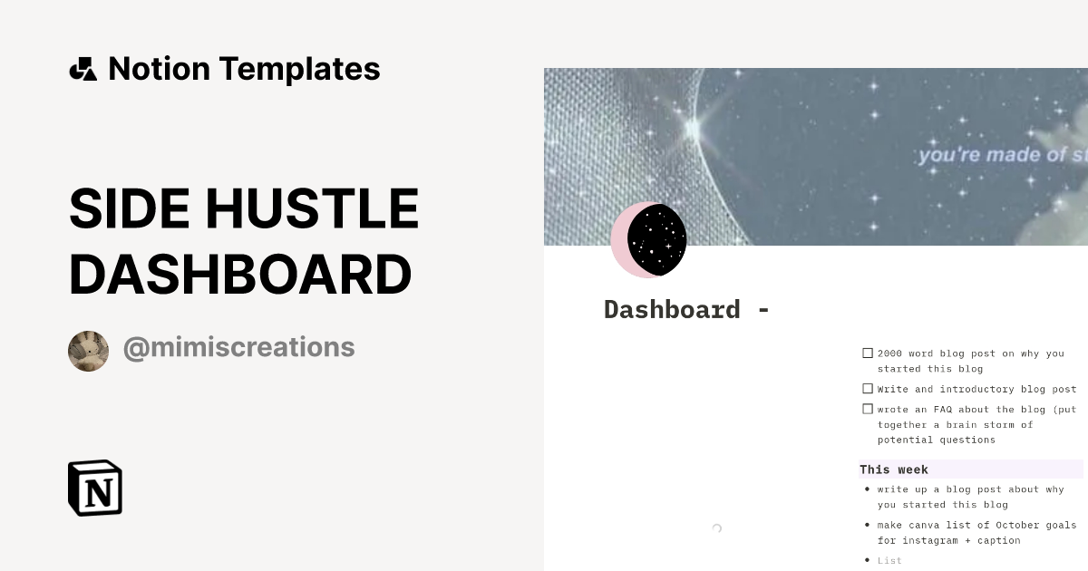 SIDE HUSTLE DASHBOARD Template by Mimis creations | Notion Marketplace