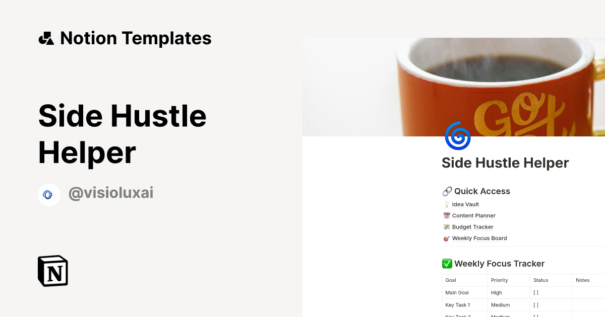 Side Hustle Helper Template by VisioluxAI | Notion Marketplace