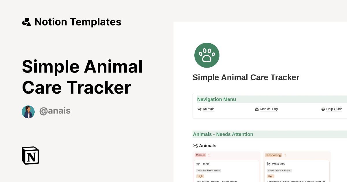 Simple Animal Care Tracker Template | Notion Marketplace