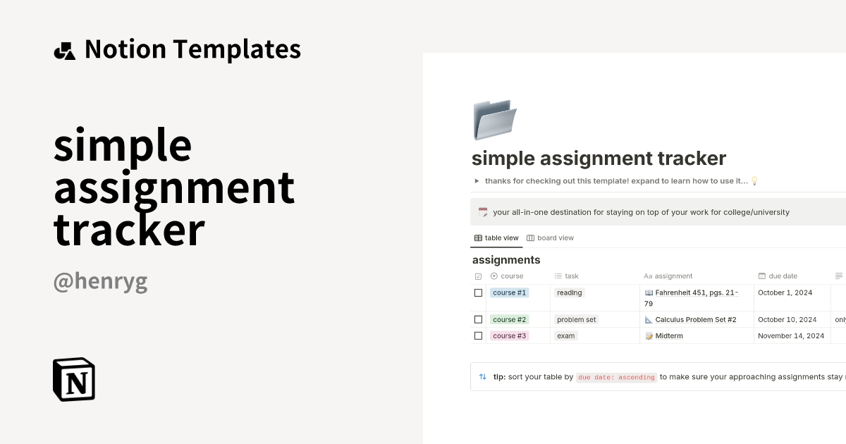 simple assignment tracker Template by Henry G | Notion Marketplace simple assignment tracker Template by Henry G | Notion Marketplace