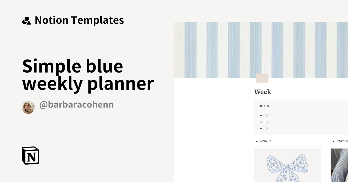 Simple blue weekly planner Template | Notion Marketplace