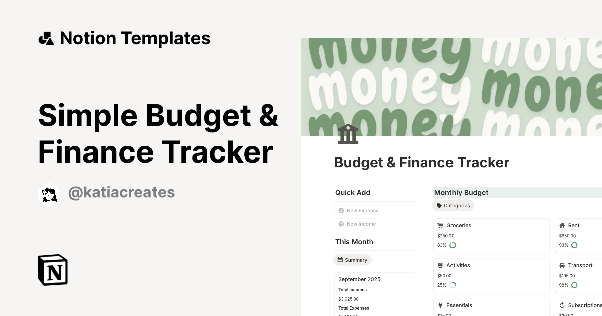 Simple Budget & Finance Tracker Template by Katia Creates | Notion ...