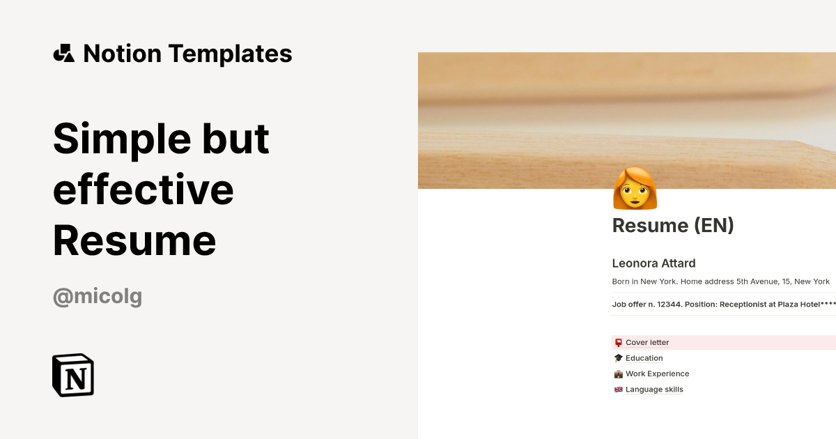 Simple but effective Resume Template by Micol G. | Notion Marketplace