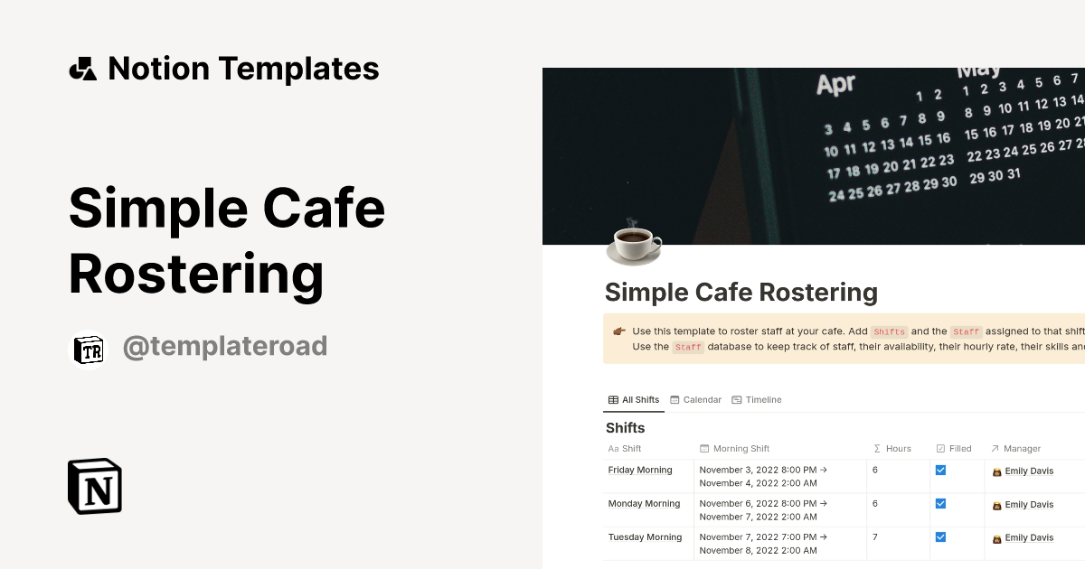 Simple Cafe Rostering Template by Template Road | Notion Marketplace