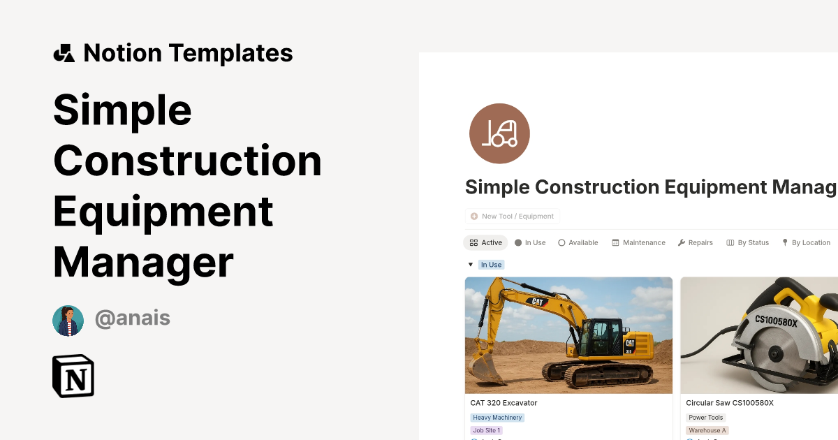 Simple Construction Equipment Manager Template by Anaïs | Notion ...