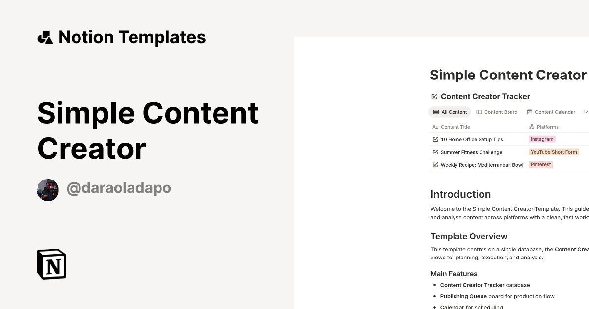 Simple Content Creator Template | Notion Marketplace