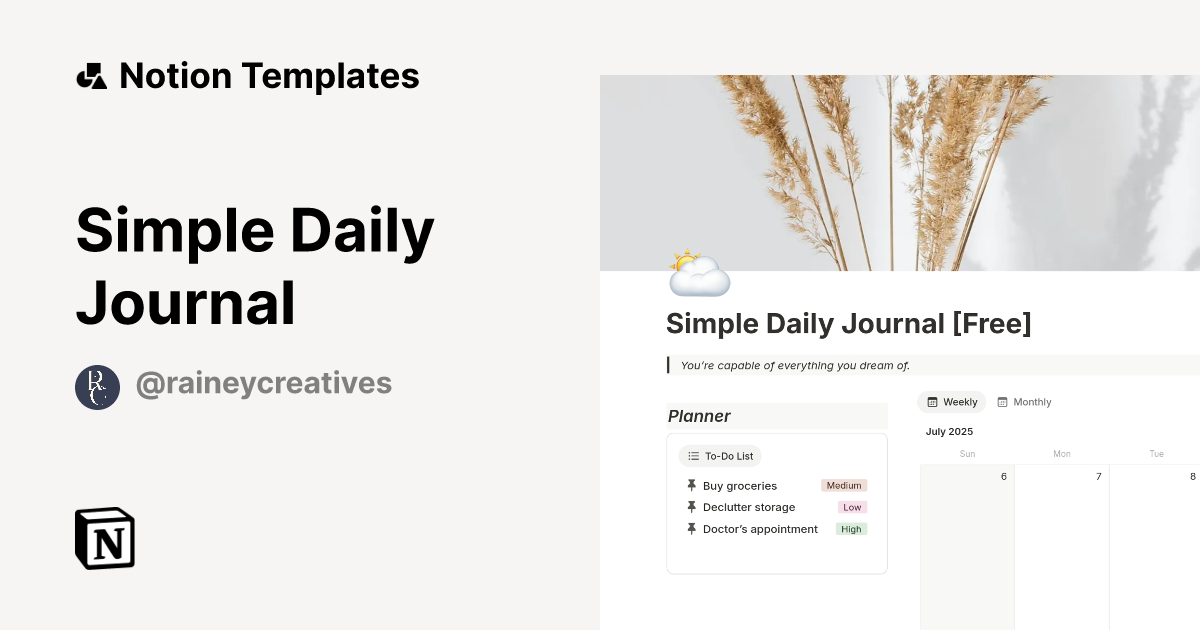 Simple Daily Journal Template | Notion Marketplace