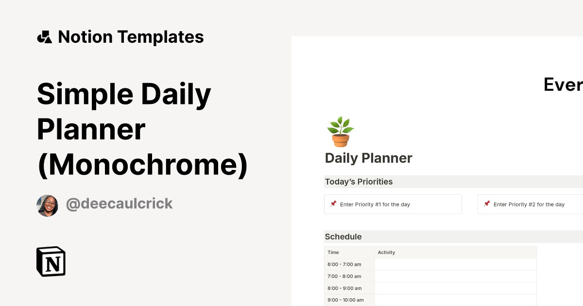Simple Daily Planner (Monochrome) Template | Notion Marketplace
