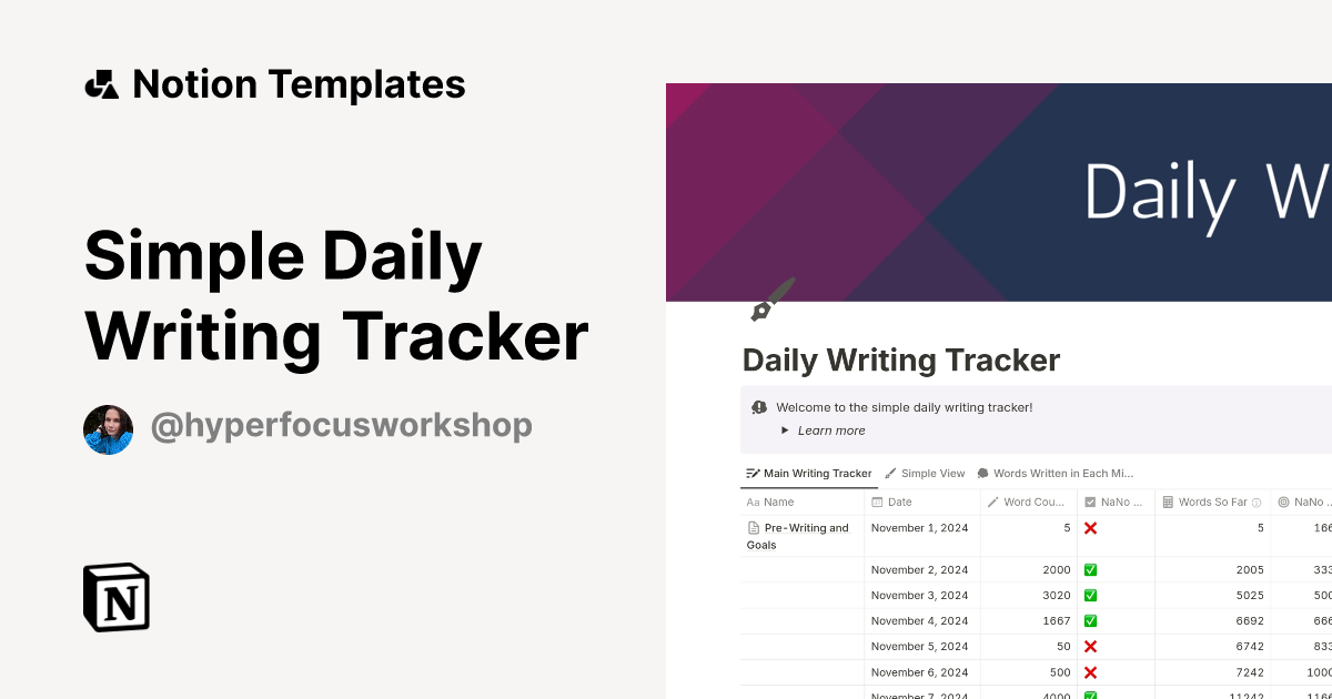 Simple Daily Writing Tracker Template | Notion Marketplace