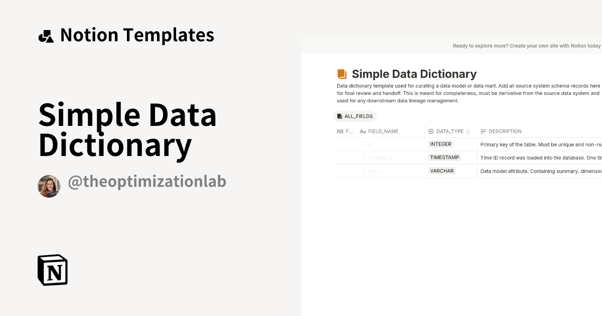 Simple Data Dictionary Template by Tera Earlywine | Notion Marketplace