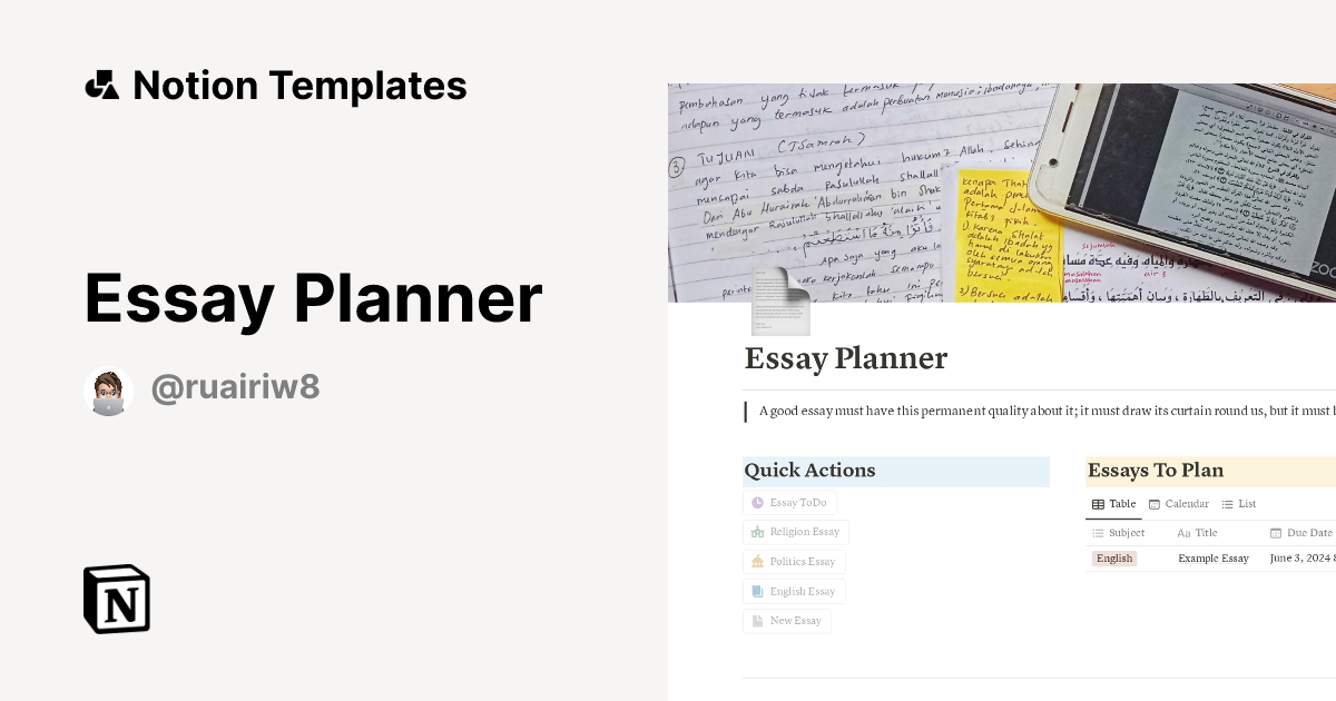 Essay Planner Template by Ruairiw8 | Notion Marketplace