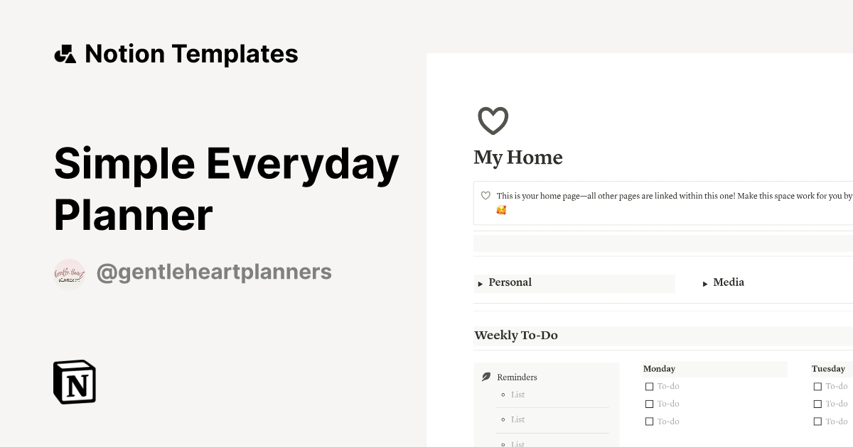 Simple Everyday Planner Template by Gentle Heart Planners | Notion ...