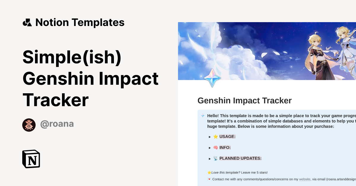 Simple(ish) Genshin Impact Tracker Template by Roana | Notion Marketplace