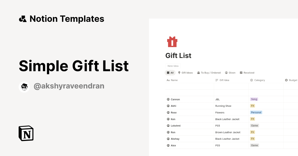 Simple Gift List Template | Notion Marketplace