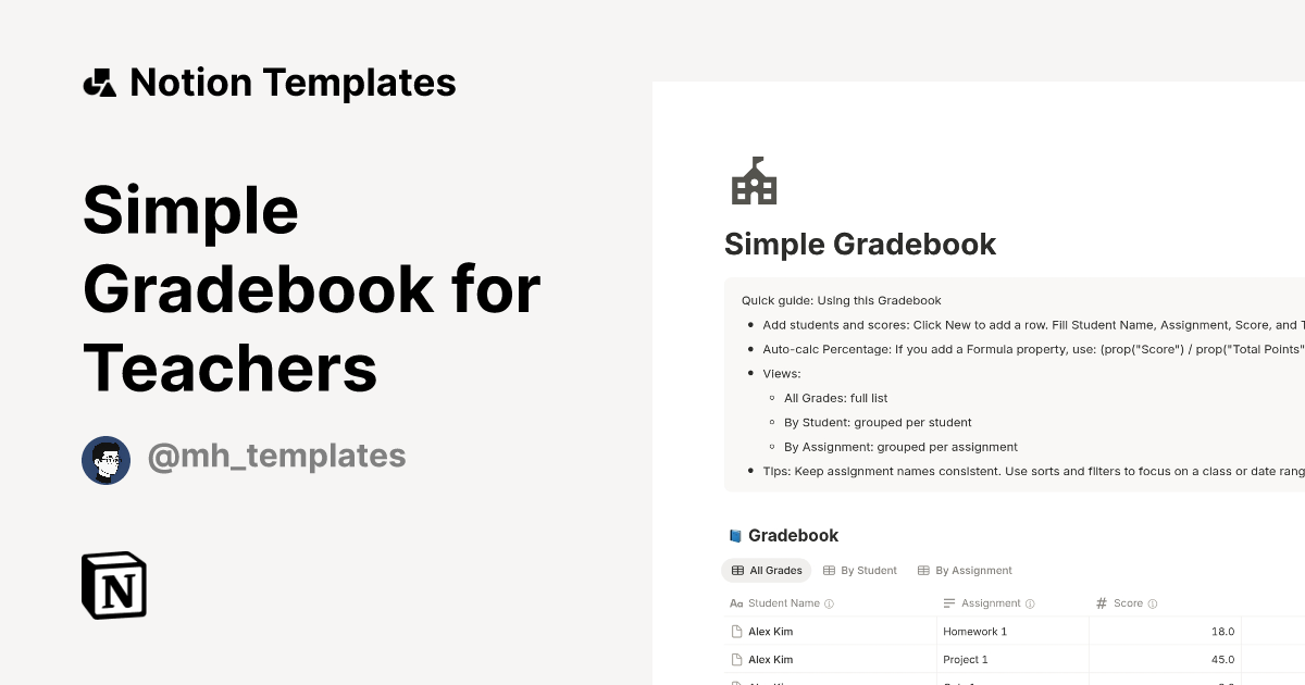 Simple Gradebook for Teachers Template by MH Systems | Notion Marketplace