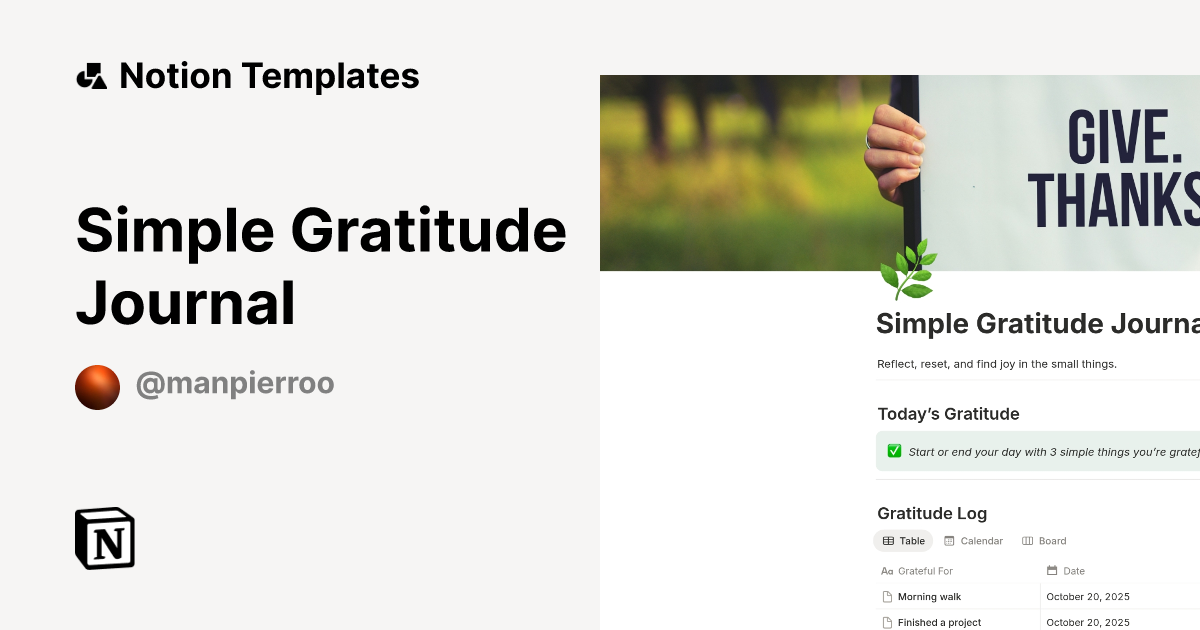 Simple Gratitude Journal Template | Notion Marketplace