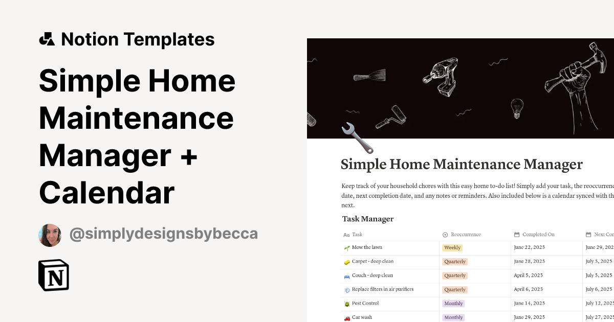 Simple Home Maintenance Manager + Calendar Template by Simply Designs ...