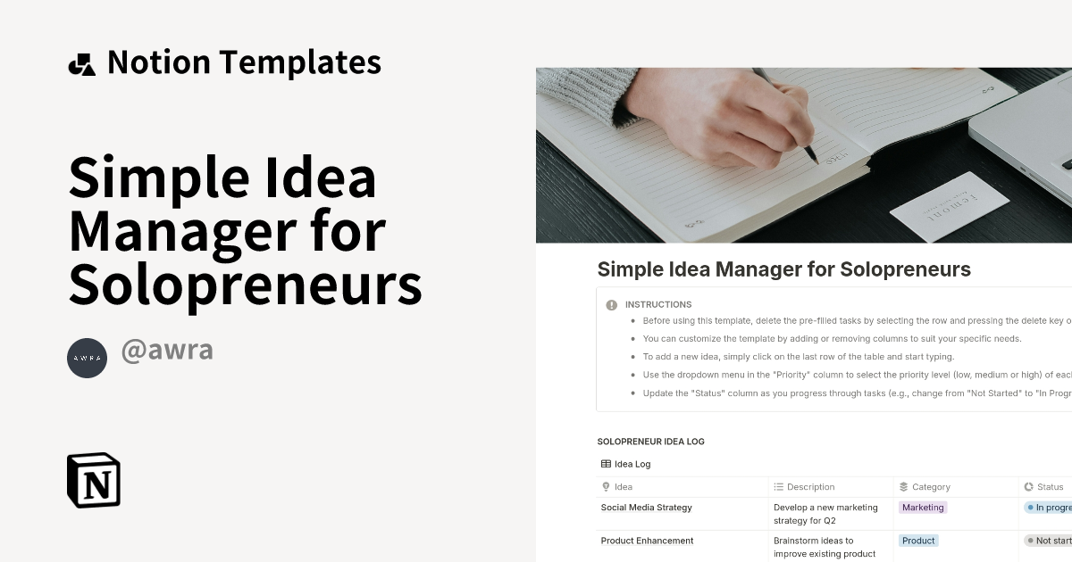 Simple Idea Manager for Solopreneurs Template | Notion Marketplace