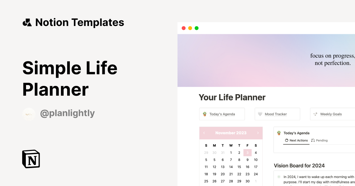 Simple Life Planner Template by plan lightly. | Notion Marketplace