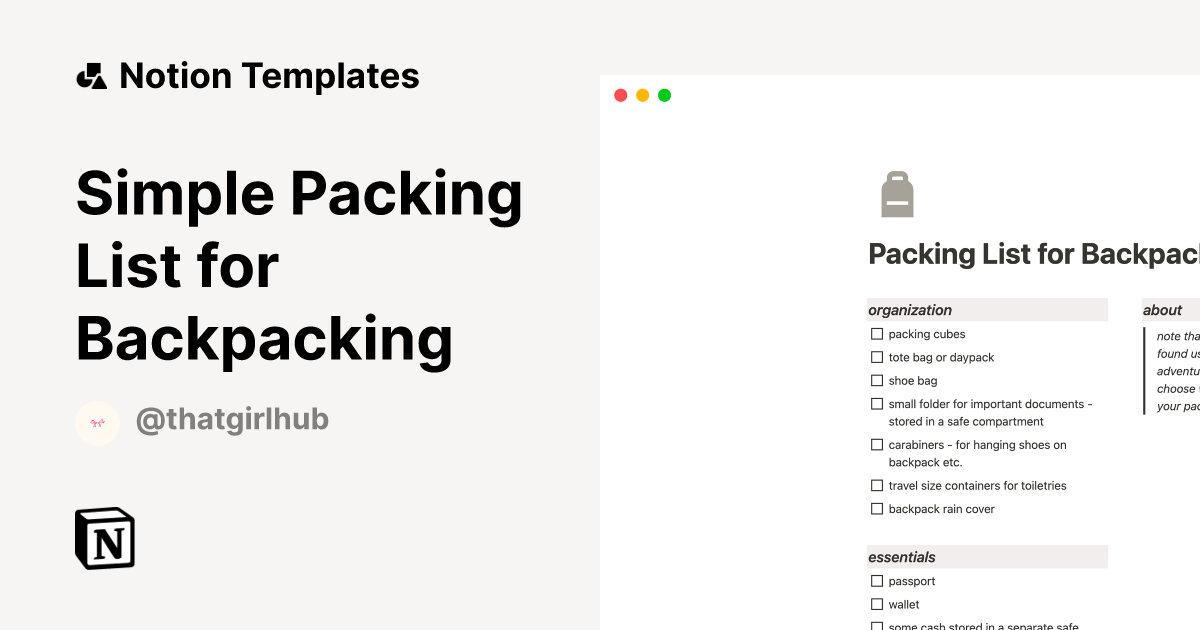 Simple Packing List for Backpacking Template | Notion Marketplace