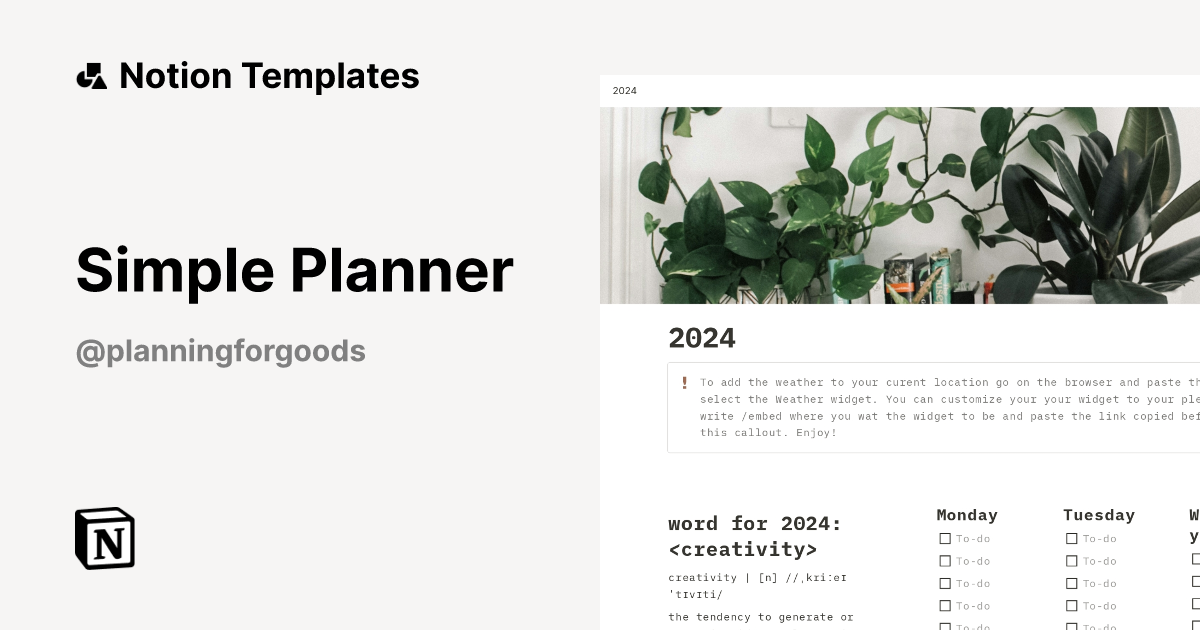 Simple Planner Template by PlanningforGoods | Notion Marketplace