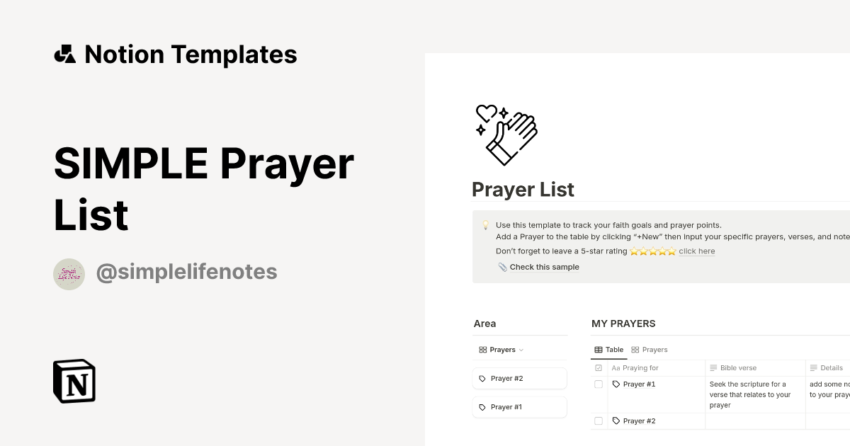 SIMPLE Prayer List Template by Simple Life Notes | Notion Marketplace