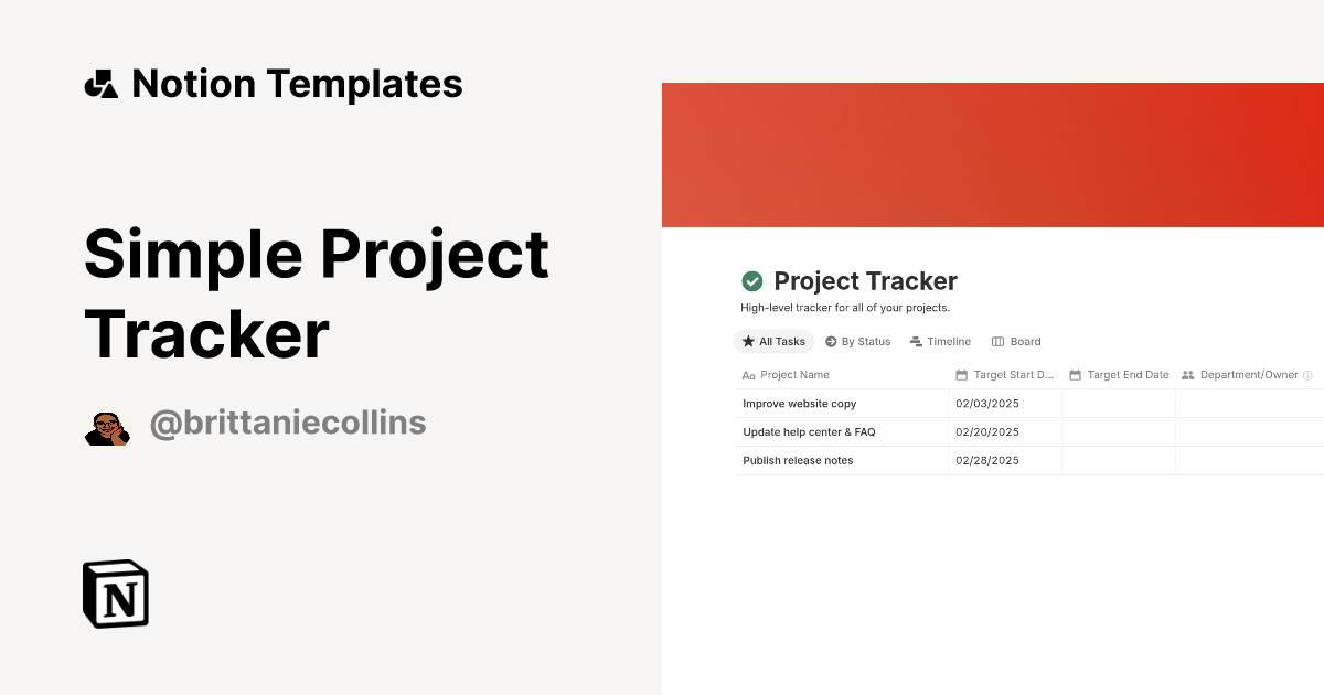 Simple Project Tracker Template by Brittanie Collins | Notion Marketplace