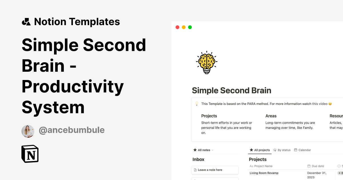 Simple Second Brain - Productivity System Template by Ance Bumbule ...