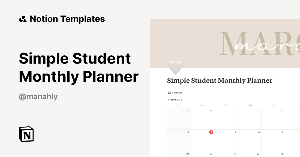 Simple Student Monthly Planner Template | Notion Marketplace