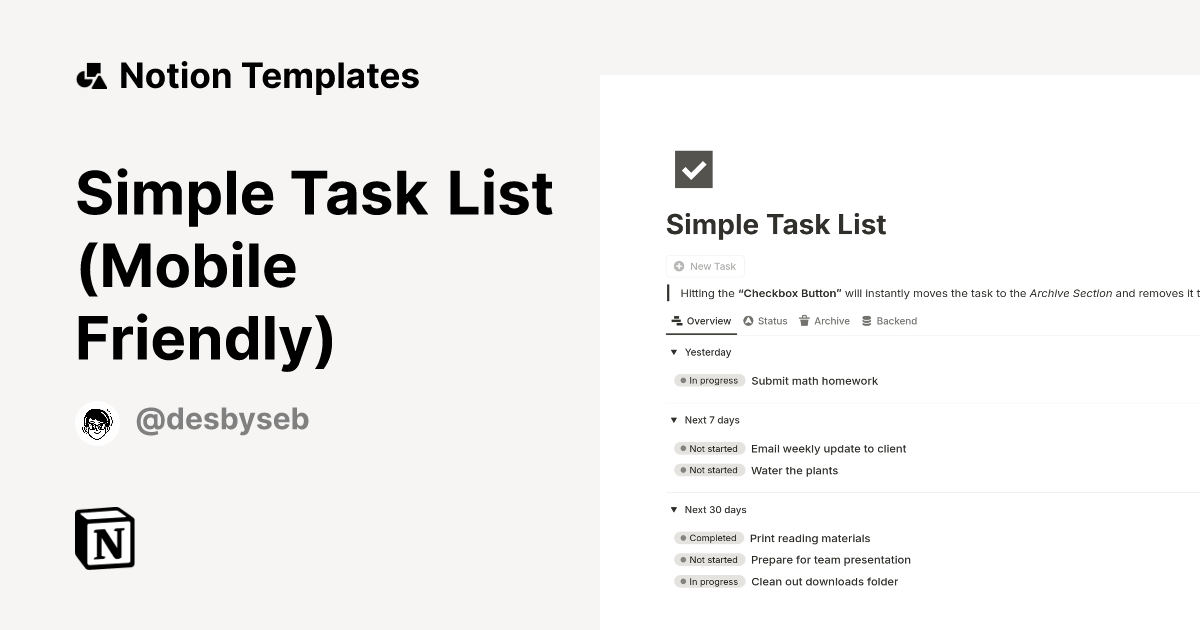 Simple Task List (Mobile Friendly) Template by desbyseb | Notion ...