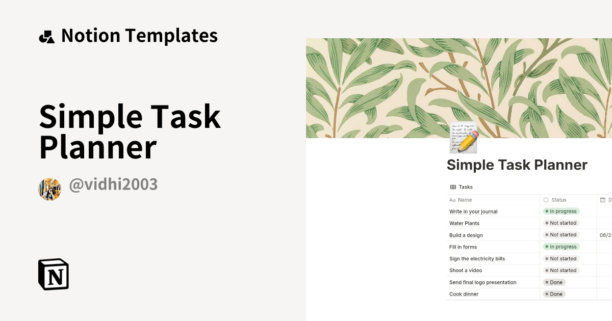 Simple Task Planner Template by Vidhi | Notion Marketplace