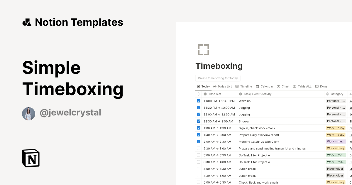 Simple Timeboxing Template by jewelcrystal | Notion Marketplace