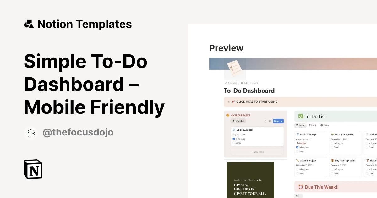 Simple To-Do Dashboard – Mobile Friendly Template | Notion Marketplace
