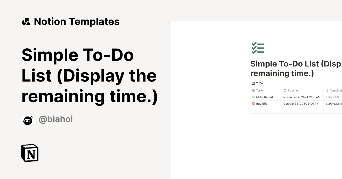 Simple To-Do List (Display the remaining time.) Template | Notion ...