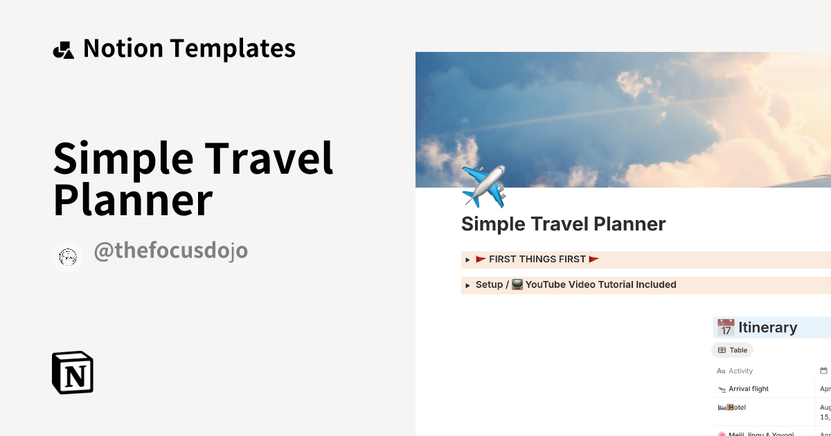 Simple Travel Planner Template by The Focus Dojo | Notion Marketplace