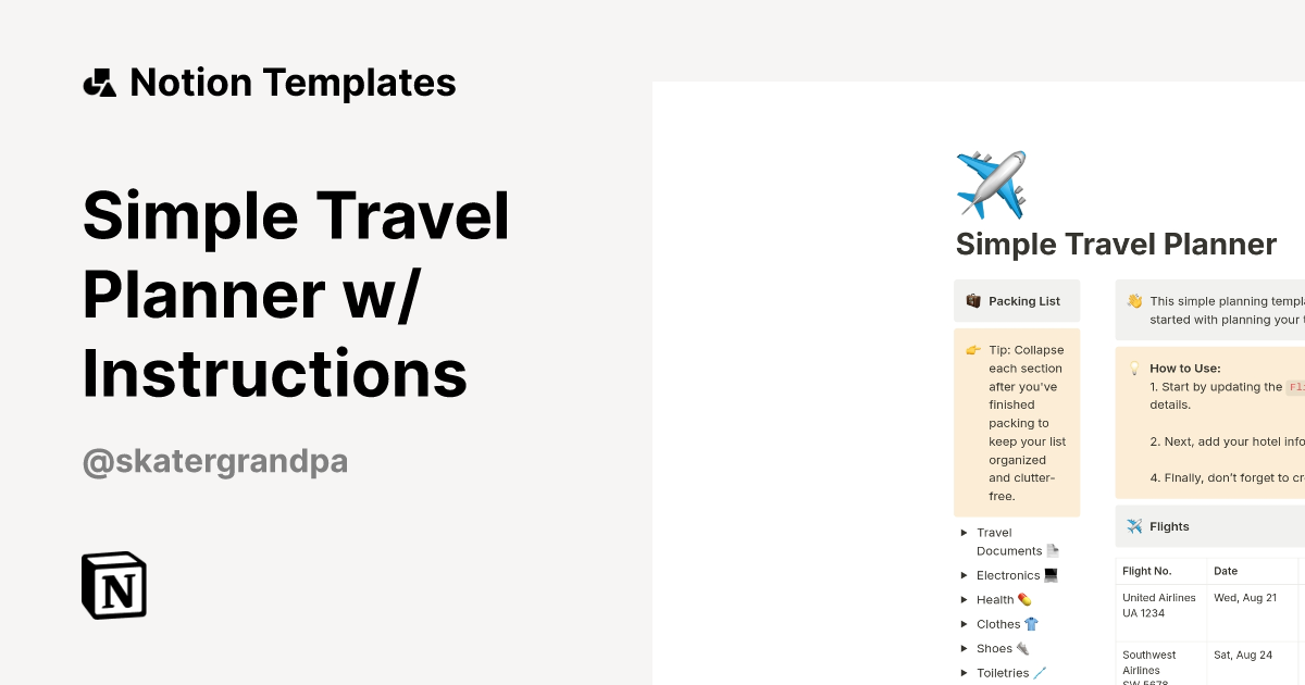 Simple Travel Planner w/ Instructions Template by sk8er grandpa ...