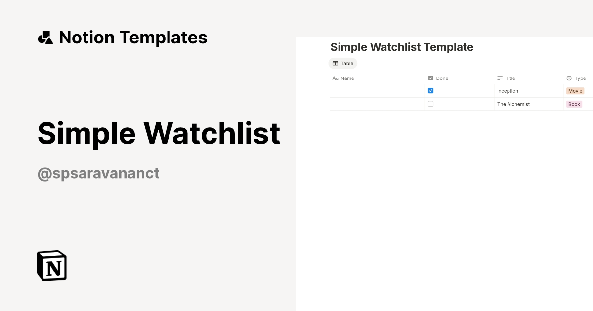Simple Watchlist Template by Saravanakumar Paramasivam | Notion Marketplace