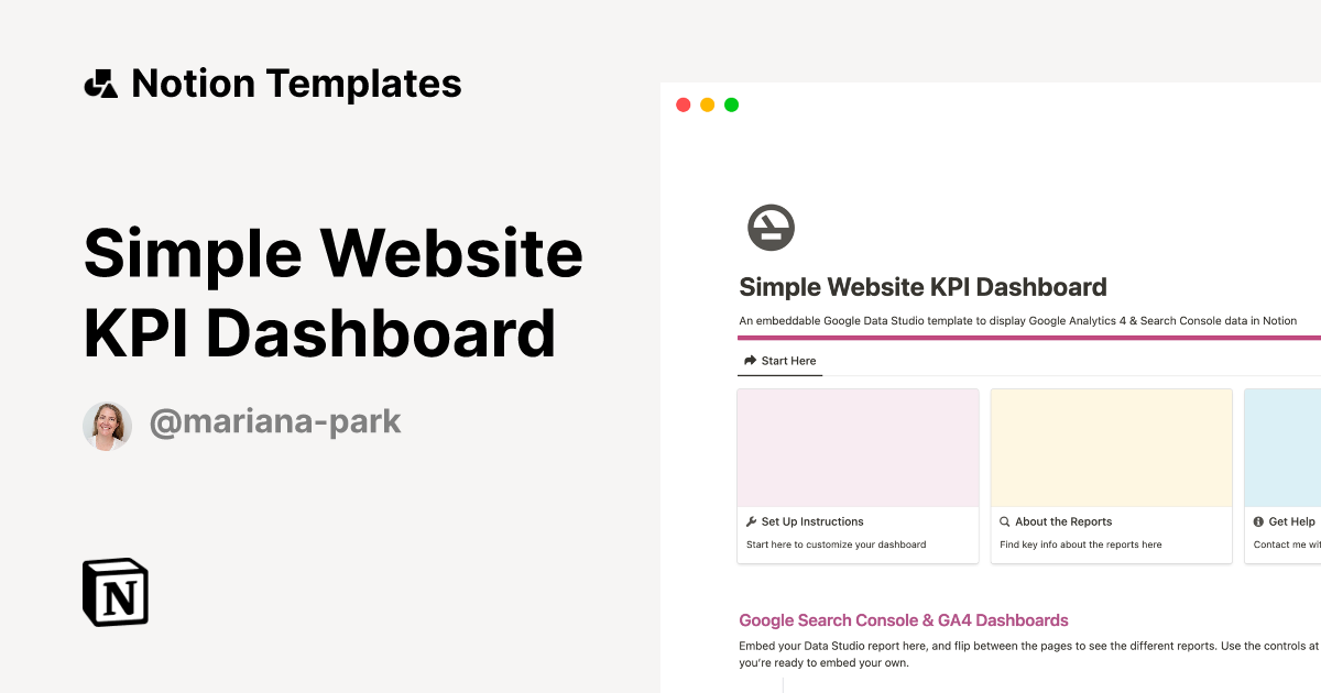 Simple Website KPI Dashboard Template by Mariana Park | Notion Marketplace