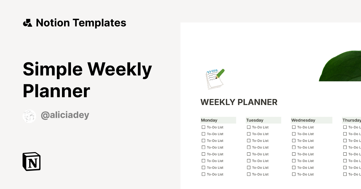 Simple Weekly Planner Template | Notion Marketplace