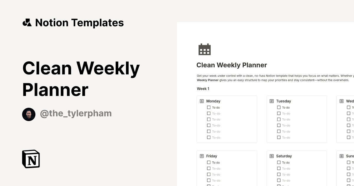 Clean Weekly Planner Template | Notion Marketplace